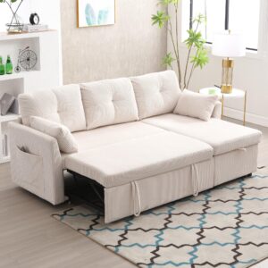 Vliekcy Sectional Sleeper Sofa Bed,Convertible Pull Out Couch with Storage Chaise Lounge, Upholstered L Shape Sofa with 2 Pillows, Comfortable Velet Fabric Couches for Living Room, Beige