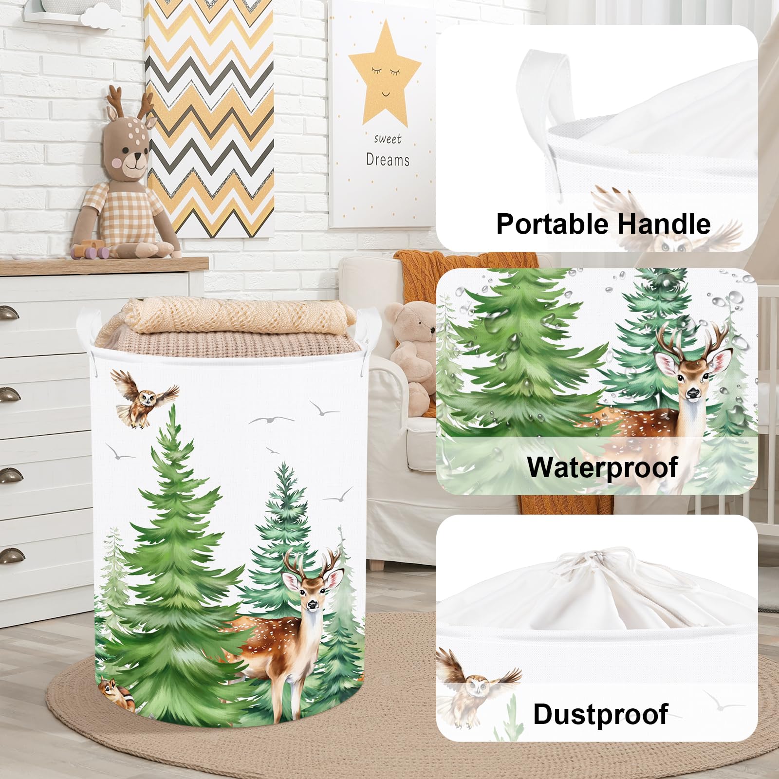 Clastyle 45L Large Green Pine Tree Deer Owl Kid Laundry Hamper with Handle Collapsible Forest Hedgehog Raccoon Clothes Toy Storage Basket with Lid for Nursery