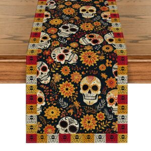 artoid mode sugar skull yellow daisy day of the dead table runner, dia de los muertos mexican kitchen dining table decoration for home party decor 13x72 inch