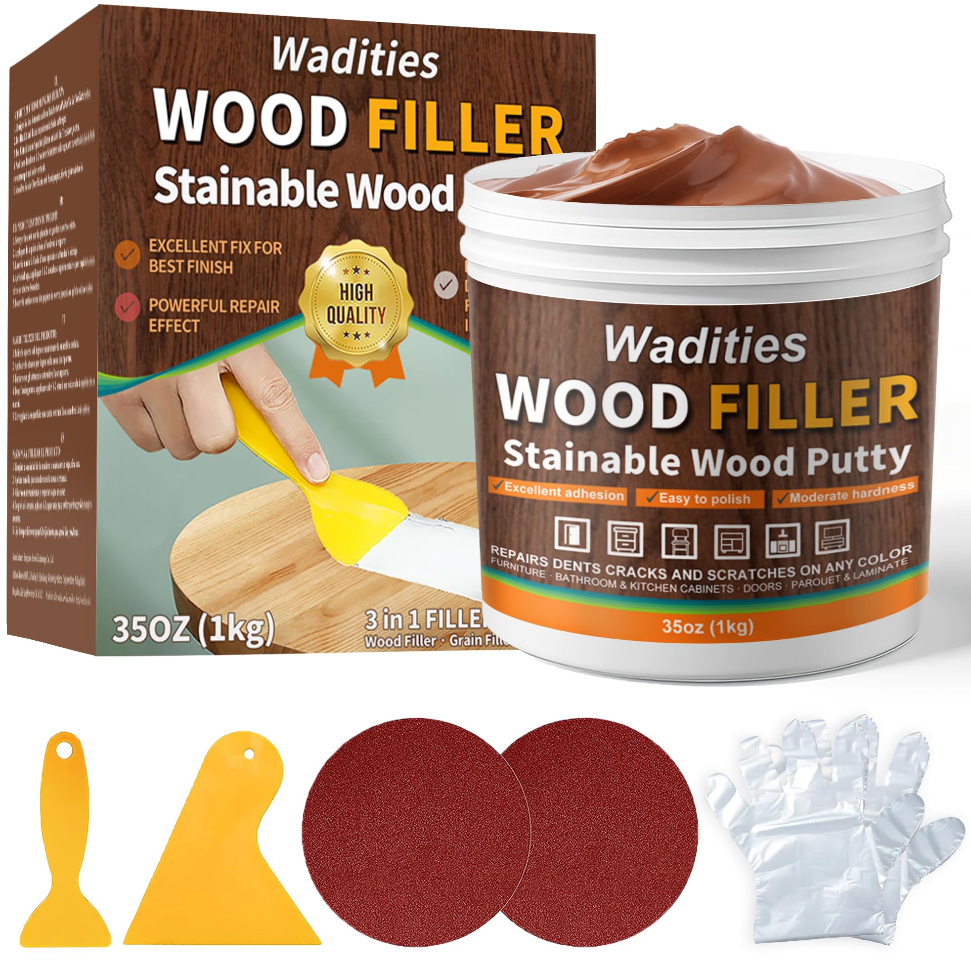 35oz Wood Filler, Walnut Wood Putty, Wadities Paintable Stainable Wood Repair Putty, Wood Furniture Repair Kit, Quickly Repair Broken and Defective Wooden Furniture (Walnut)