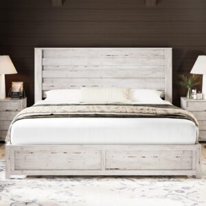 amerlife farmhouse queen size bed frame with 49" fluted headboard, platform bed with natural wood grain, no box spring needed/noise free, distressed white