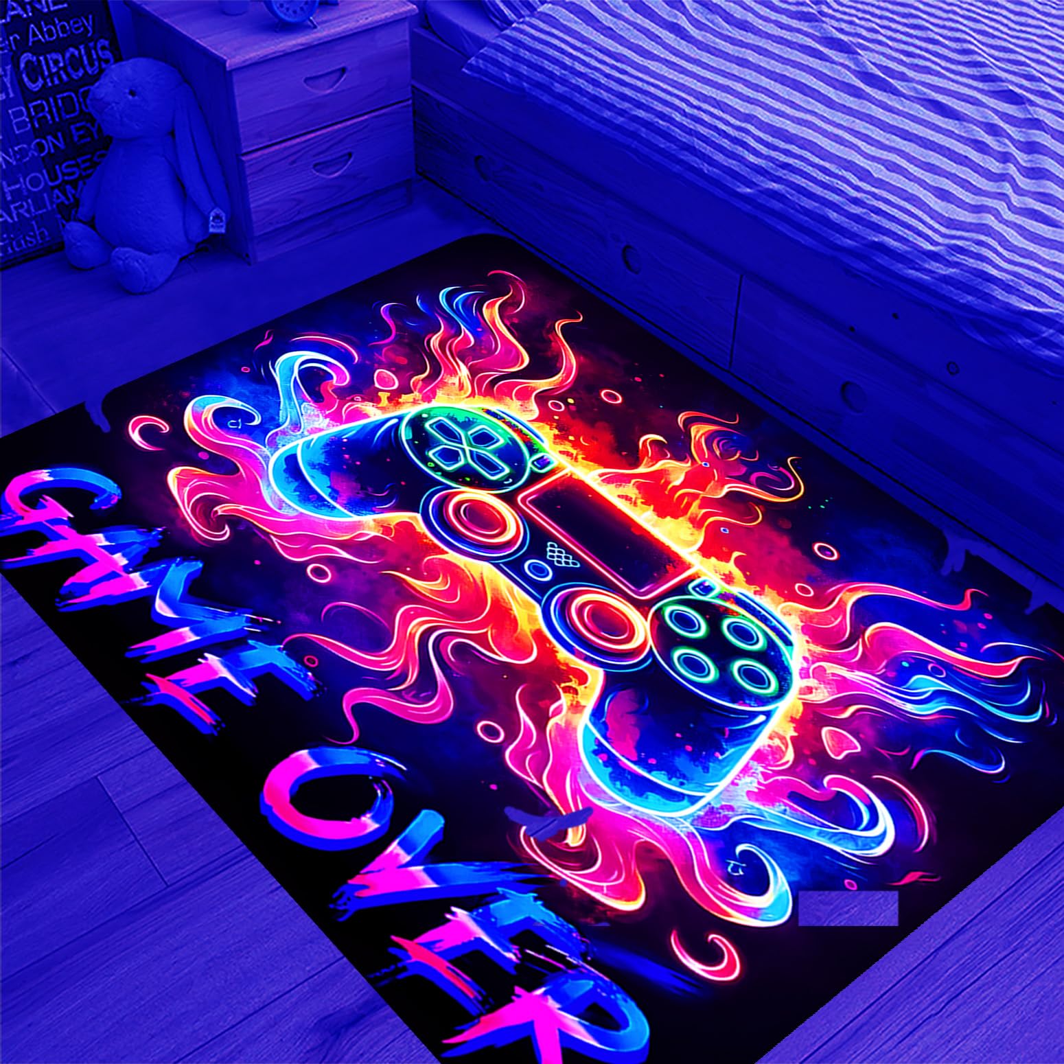 Manicer Neon Gaming Area Rug, Blacklight UV Reactive Game Controller Non-Slip Door Throw Rug Fluorescent Flannel Floor Mat Carpet, Glow in The Dark Play Mat for Bedroom, Playroom - 19.7" x 31.5"