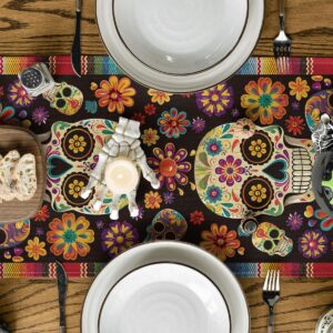 Artoid Mode Flowers Sugar Skull Mexican Day of The Dead Table Runner, Dia De Los Muertos Kitchen Dining Table Decoration for Home Party Decor 13x72 Inch