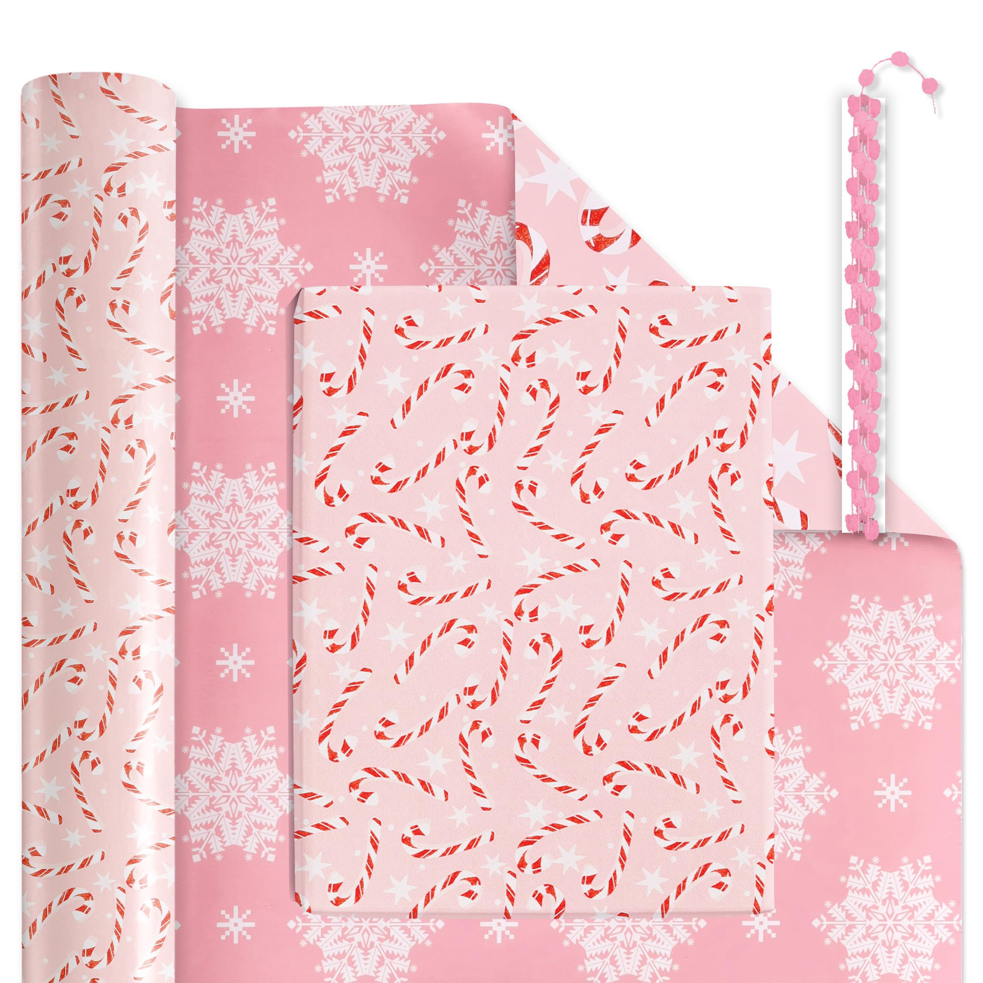 LaRibbons Reversible Christmas Wrapping Paper Jumbo Roll with Pink Pom Pom, Classic Candy Cane/Snowflake Gift Wrap Set for Christmas, Party, Holiday Celebration, 30 Inch × 40 Feet (100 sq. ft. ttl.)