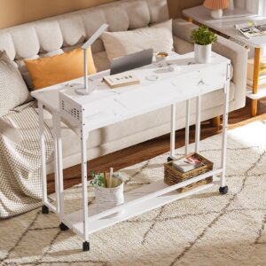 Gezen Folding Desk with Double Storage Shelves, Small Rolling Desk with Wheels for Living Room Bedroom, Mobile Computer Desk Portable Laptop PC Desk Writing Table for Small Space, 31.5", White Marble