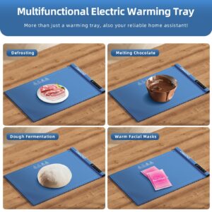 Electric Warming Tray, Warming Mat for Food with 17 Temperature Settings and Timing, Rollable & Portable Premium Silicone Electric Heating Tray with Auto Shut-Off and Lock for Parties Buffet (Blue)