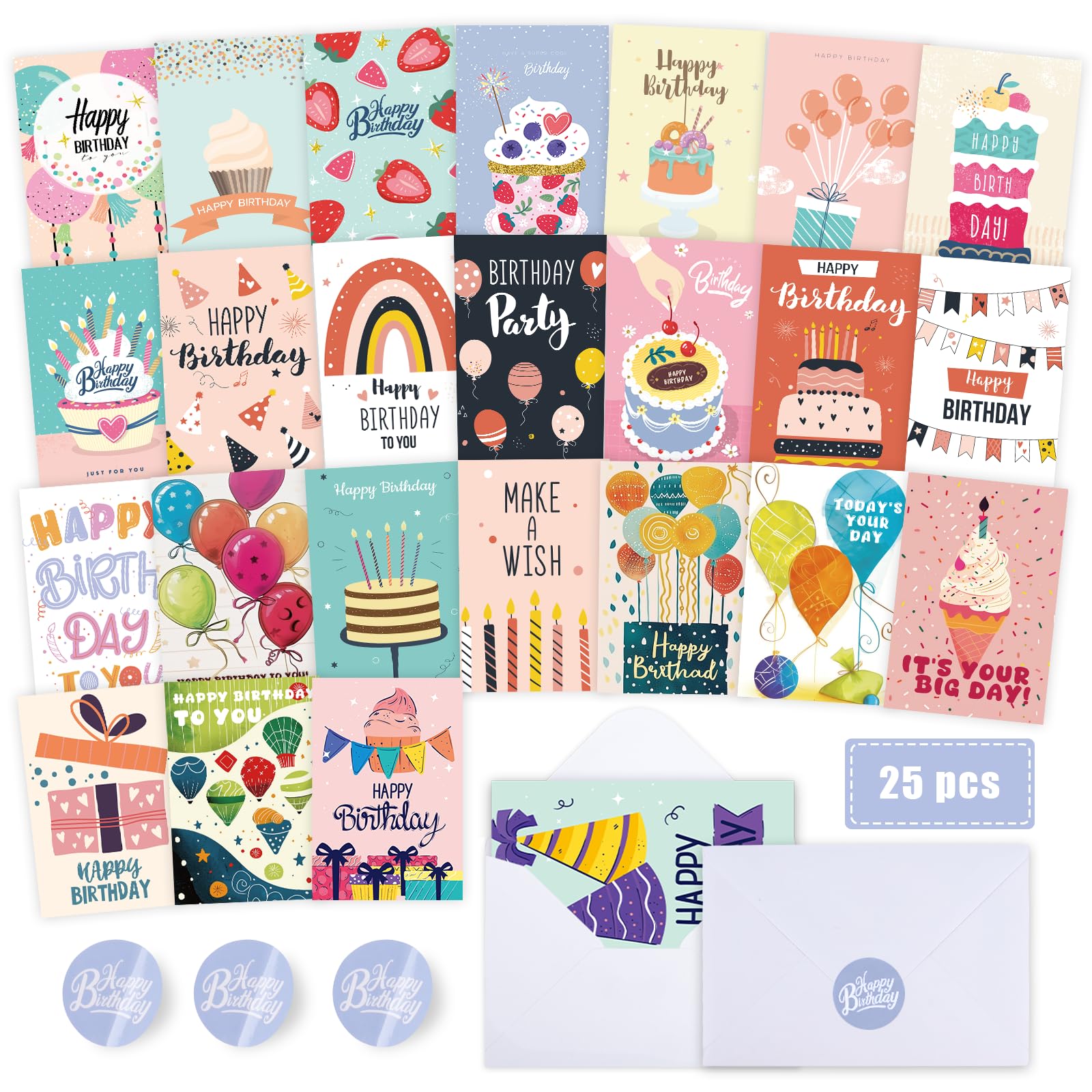 FUHITIM Birthday Cards,25 Pcs Blank Cards with Envelopes & Stickers,25 Design,4x6 Inches Happy Birthday Card,Birthday Card for Kids,Friends,Family and Colleagues