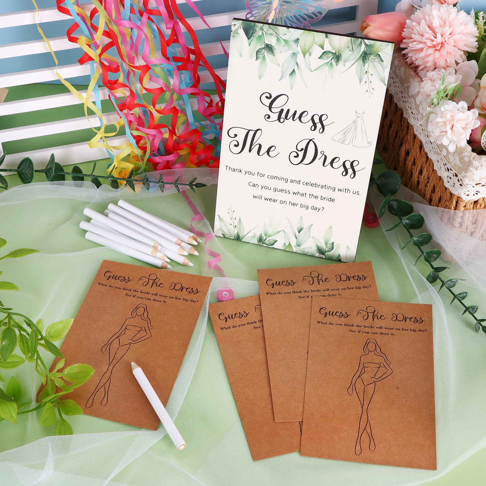 Furbeko 60 Set Guess The Dress Bridal Shower Games for Guests Include Guess The Dress Bridal Shower Game Table Sign Card White Sketching Pencils for Wedding Bridal Shower Games Party Supplies