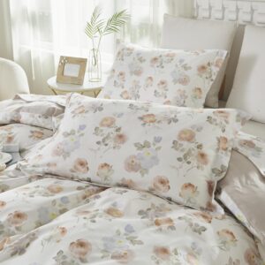 Brandream Floral Bedding Cotton Tencel Duvet Cover Set 4 Piece, 60% Lyocell & 40% Cotton,Hypoallergenic,Breathable and Soft Bedding Set, Floral Duvet Cover with Zipper Closure and Corner Ties