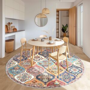 Round Boho Rug, Bohemian Circle Area Rug 5ft, Washable Non-Slip Round Clearance Moroccan Carpet for Bedroom Kitchen Bathroom Living Room Office Decor - 5ft-Round,Cream