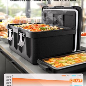 PYY Insulated Food Pan Carrier - 36QT Hot Box Food Warmer Box Stackable Top Load LLDPE Commercial Food Warmers with Three 1/3 Size PC Food Pans 4 Buckles for Restaurant Canteen Buffet Party Black