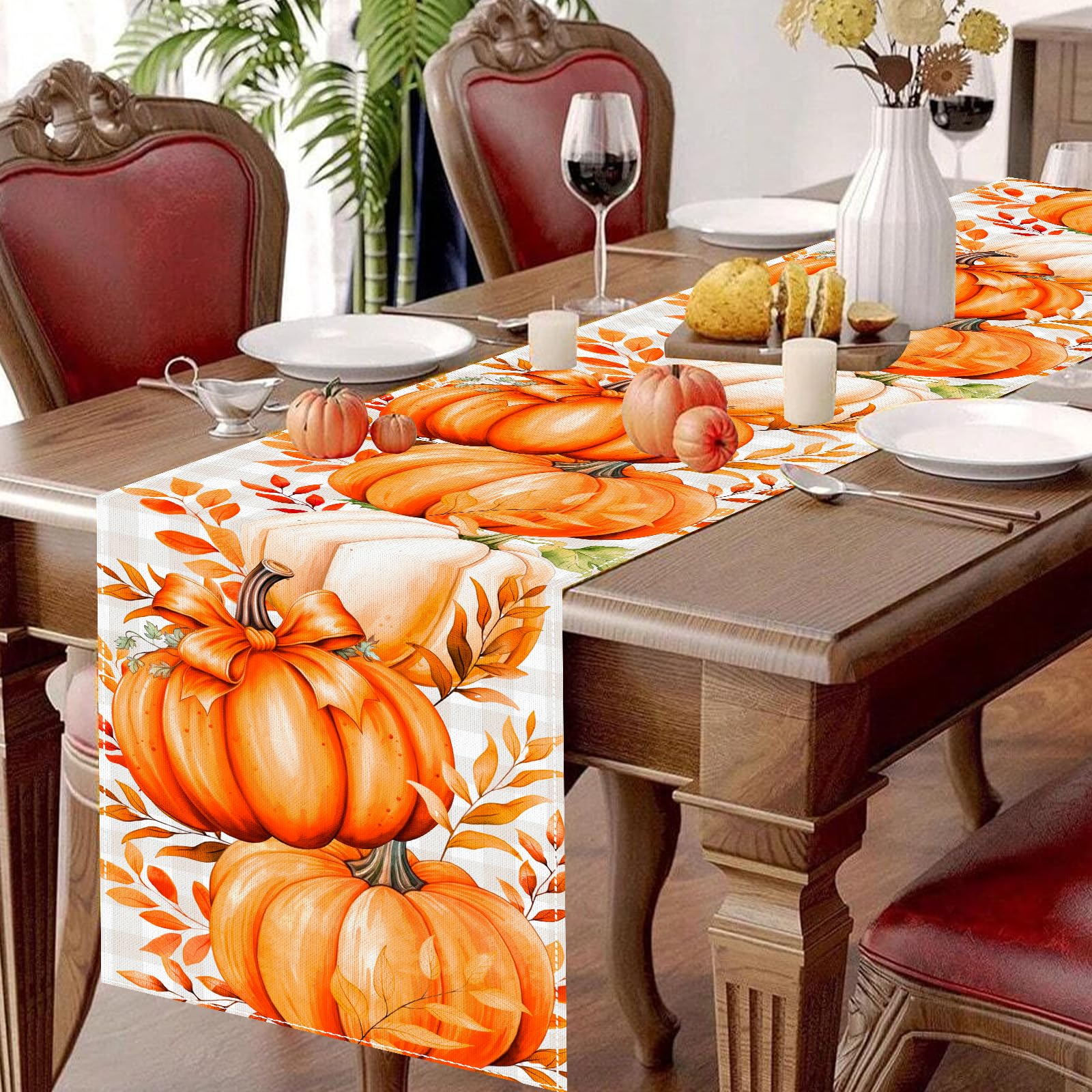 Netnology Pumpkins Leaves Fall Table Runner, White and Gray Buffalo Plaid Thanksgiving Table Runner, Seasonal Farmhouse Indoor Decor Autumn Decorations for Home 13 x 72 Inch