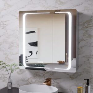 led lighted bathroom medicine cabinet with mirror, 30 x 30 inch, recessed or surface led medicine cabinet, rounded corner,stepless dimming,3-color temper change,interior led lighting, door wide open