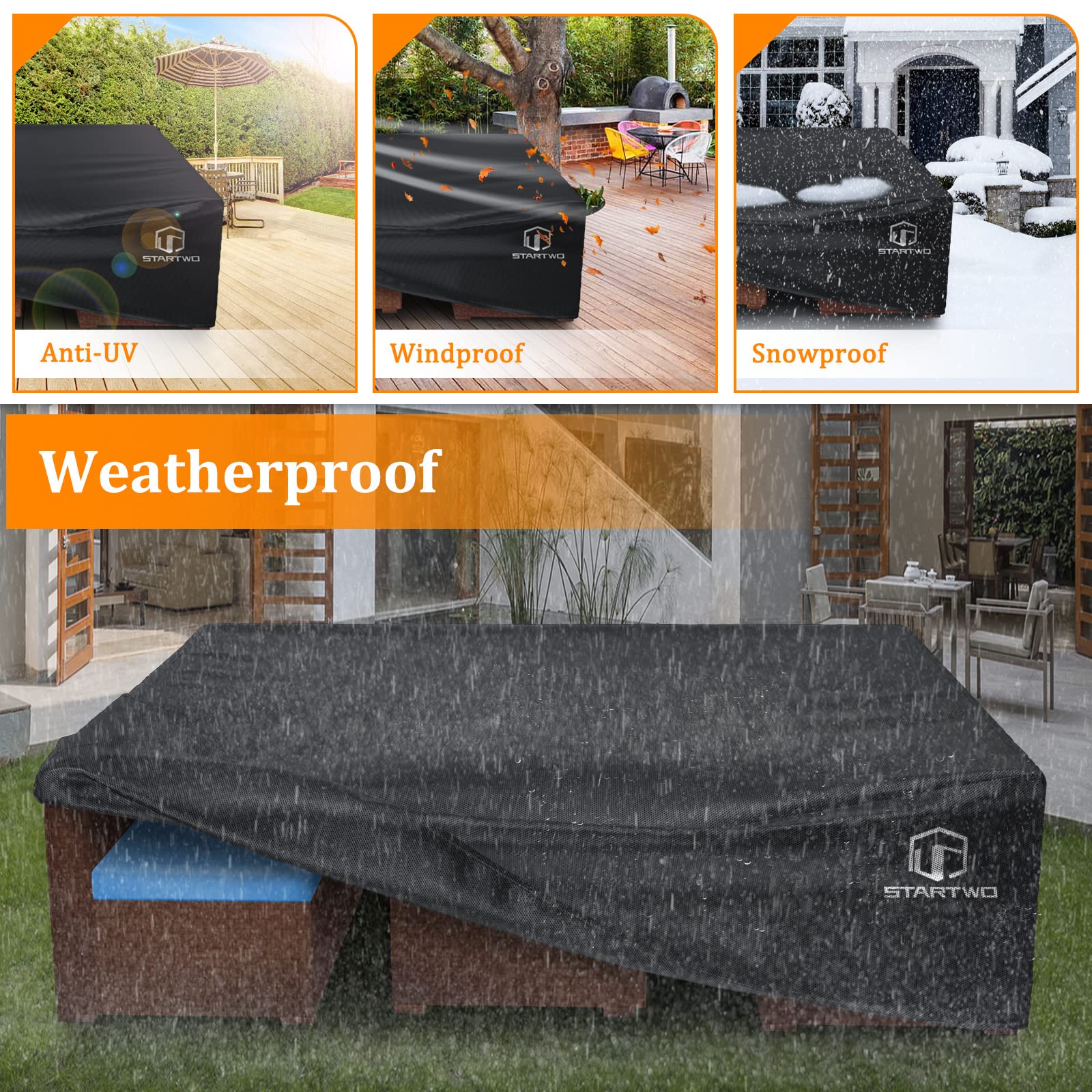 STARTWO Patio Furniture Covers Waterproof, Anti-UV Tear-Resistant Heavy Duty 7-12 Seats Outdoor Furniture Cover for Sectional Sofa, Patio Table Cover, 128" Lx83 Wx28 H, Black