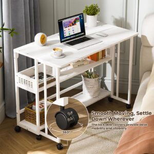 Gezen Folding Desk with Double Storage Shelves, Small Rolling Desk with Wheels for Living Room Bedroom, Mobile Computer Desk Portable Laptop PC Desk Writing Table for Small Space, 31.5", White Marble