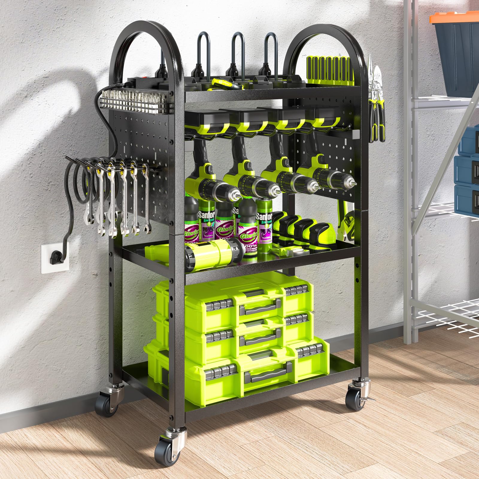 KAFAHOM Power Tool Organizer Cart with Charging Station,Garage Floor Rolling Storage Cart on Wheels for Mechanic,Mobile 8 Drill Holder, Utility Cart with Battery Charging 8 Outlet Power Strip