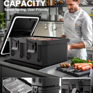 PYY Insulated Food Pan Carrier - 36QT Hot Box Food Warmer Box Stackable Top Load LLDPE Commercial Food Warmers with Three 1/3 Size PC Food Pans 4 Buckles for Restaurant Canteen Buffet Party Black