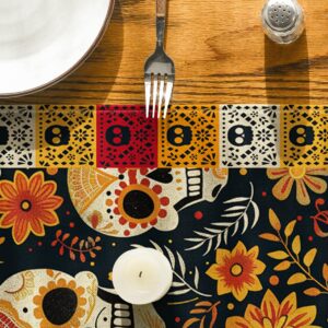 Artoid Mode Sugar Skull Yellow Daisy Day of The Dead Table Runner, Dia De Los Muertos Mexican Kitchen Dining Table Decoration for Home Party Decor 13x72 Inch