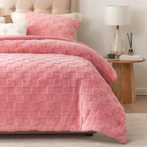 cozy bliss fluffy queen size comforter set, farmhouse jacquard checkered sherpa bed set, ultra soft thick bedding set for winter, 3 pieces, 1 fuzzy comforter & 2 pillow shams, hot pink