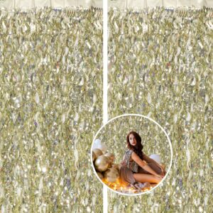 shiny champagne gold wave tinsel foil fringe curtains 3.3x6.6ft metallic streamer backdrop wall curtains for party decorations birthday wedding graduation 2 packs