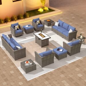 ovios 16 piece patio furniture set with fire pit table,outdoor rattan wicker coversation set with swivel rocking chairs, sectional chairs for outside porch balcony backyard pool,light blue