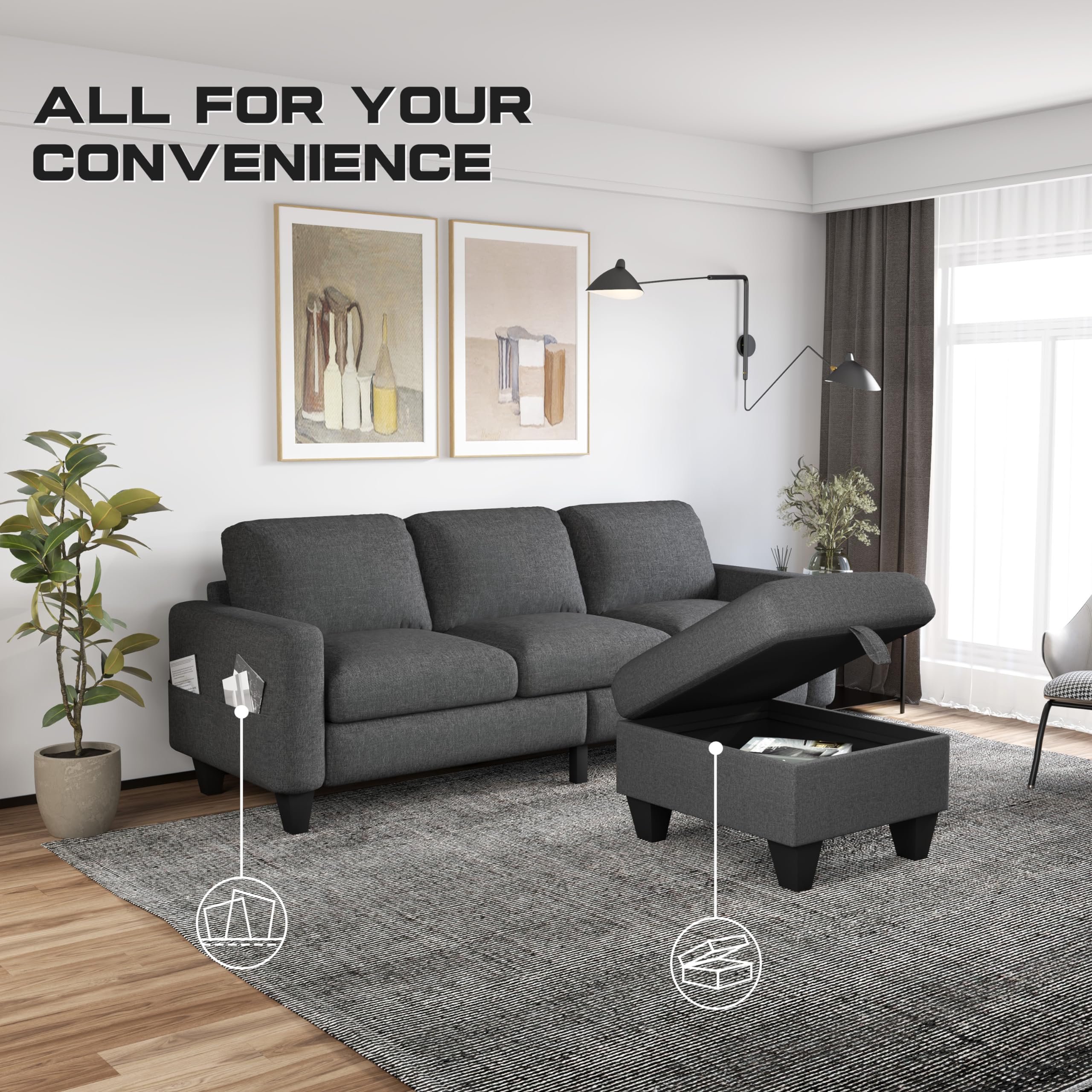 Yattem Convertible Sectional Sofa Couch:Dark Grey 3 Seat L Shaped Sofa Couch with Storage Movable Ottoman and Pockets—Modern Linen Fabric Upholstered Sofa Set for Living Room Small Space Apartment