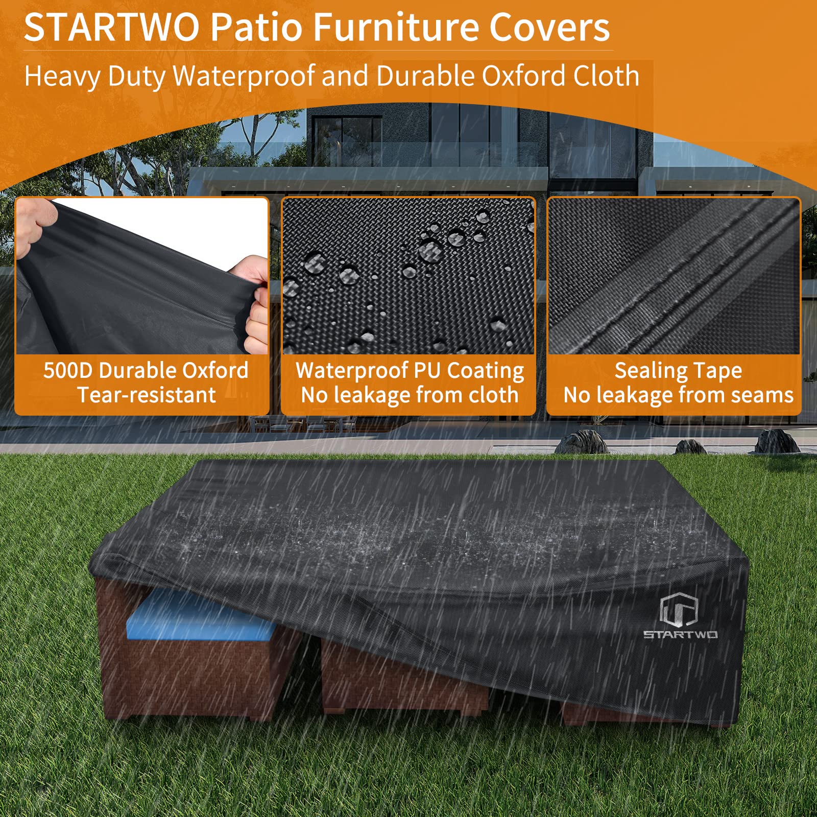 STARTWO Patio Furniture Covers Waterproof, Anti-UV Tear-Resistant Heavy Duty 7-12 Seats Outdoor Furniture Cover for Sectional Sofa, Patio Table Cover, 128" Lx83 Wx28 H, Black