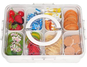 snackle box container, divided serving tray with lid and handle, portable snackle box charcuterie container for candy, fruits, veggie, travel & picnic (1 pack with 8 compartments)