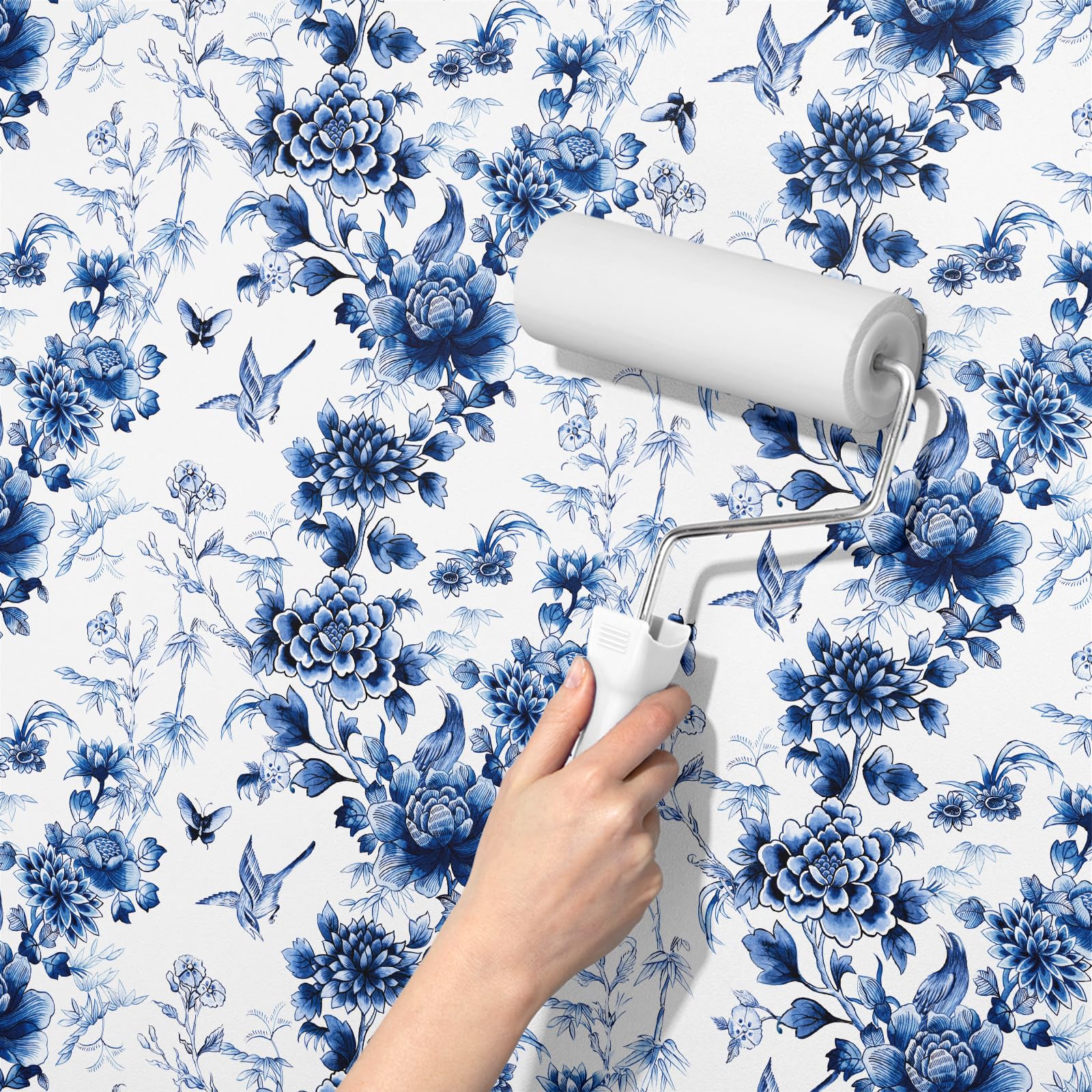 RUSPEPA Peel and Stick Wallpaper - Blue Flower White Design Self Adhesive Removable Wallpaper Decorative Waterproof Contact Paper for Cabinets, Walls - 17.3 Inch x 6.5 Feet