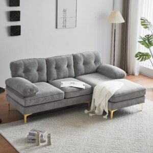 acqca 110" l-shaped convertible sectional sofa with removable ottoman and 4 back cushions,velvet upholstered couch with storage pockets and nailhead decorated armrest, sturdy metal legs, light grey1