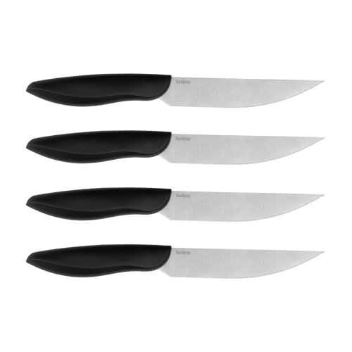 Kershaw 4-Piece Serrated Steak Knife Set - 5" Blades of German Stainless Steel with 16° Single-Bevel Edge, Satin Finish, Black Polypropylene Ergonomic Handles