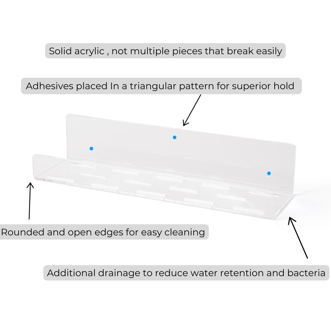 Acrylic Shower Shelves 2 Pack - Clear Acrylic Shelves for Bathroom, Shower, Living Room-Space-Saving Floating Shower Shelves for Inside Shower - No Drill Wall-Mounted, Strong Adhesive Shower Shelves