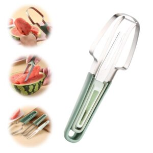 3-in-1 watermelon fork slicer cutter, 2024 new stainless steel watermelon windmill cutter, 3 in 1 summer watermelon cutting tool fork slicer knife set for kitchen, camping, picnicking(green)