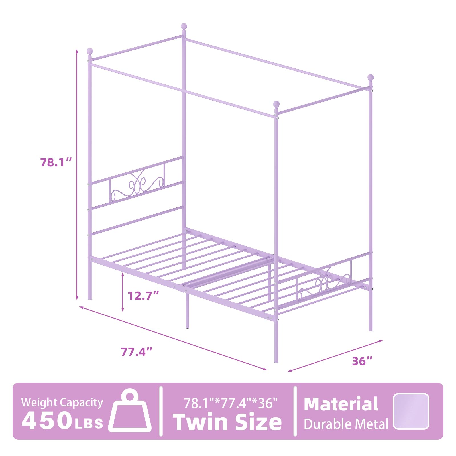 Weehom Twin Canopy Bed Frame with Headboard and Footboard, 4 Posters Metal Bed Frame, No Box Spring Needed, Mattress Foundation Platform Bed for Kids and Adults, Purple