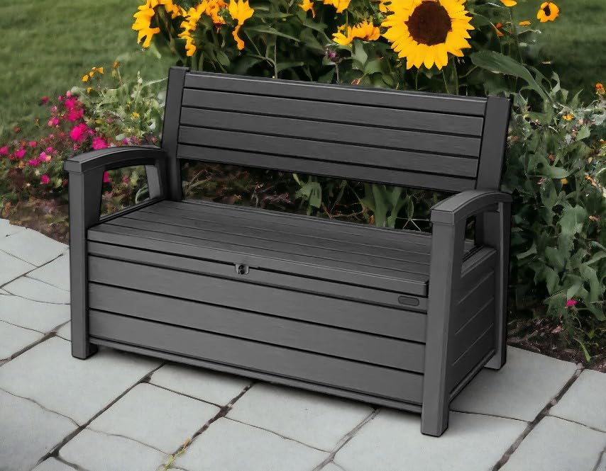 Generic Hudson Stylish and Plastic Outdoor Storage Bench, Perfect for organizing Garden Tools and Accessories While Providing Extra 2 Seating in Graphite Gray