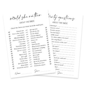 minimalism bridal shower game cards, wedding shower game cards for 50 guests, double-sided game cards, would she rather about the bride game and twenty questions about the bride(xnbs09)