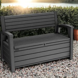 Generic Hudson Stylish and Plastic Outdoor Storage Bench, Perfect for organizing Garden Tools and Accessories While Providing Extra 2 Seating in Graphite Gray