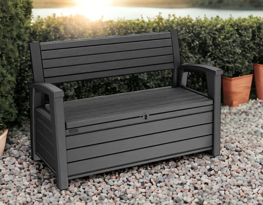 Generic Hudson Stylish and Plastic Outdoor Storage Bench, Perfect for organizing Garden Tools and Accessories While Providing Extra 2 Seating in Graphite Gray