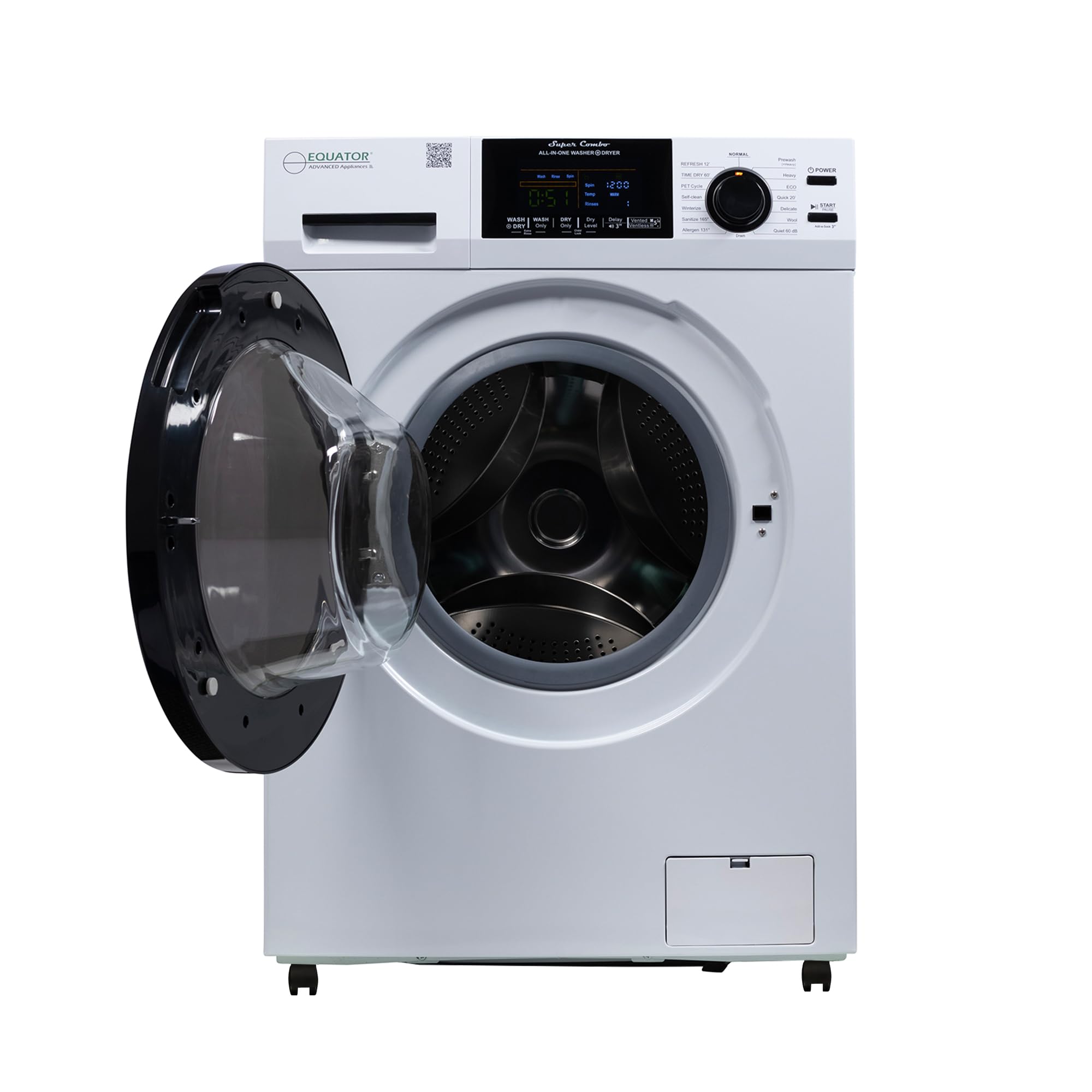 Equator All-in-One Washer Dryer VENTLESS/VENTED PET cycle 1.62cf/15lbs+Portability Kit in White (WHITE)