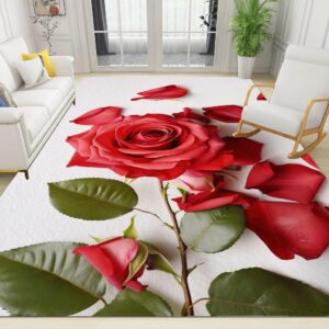 flannel oblong red romantic rose flower rugs 5x7ft, green plant leaves 3d carpet machine washable soft anti slip rugs for living room bedroom home office kitchen boy girl room