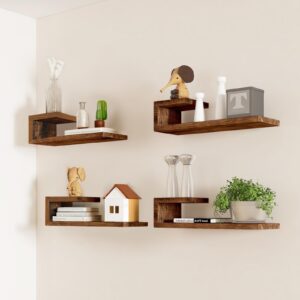 golden state art, floating shelves, 15.75 in, brown, set of 4, modern wall shelves for wall decor, living room/bedroom/kitchen/home office, floating shelf for home storage