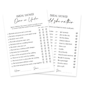 tuiemie minimalism bridal shower game cards, wedding shower game cards for 50 guests, double-sided game cards, over or under game and would she rather game(xnbs04)