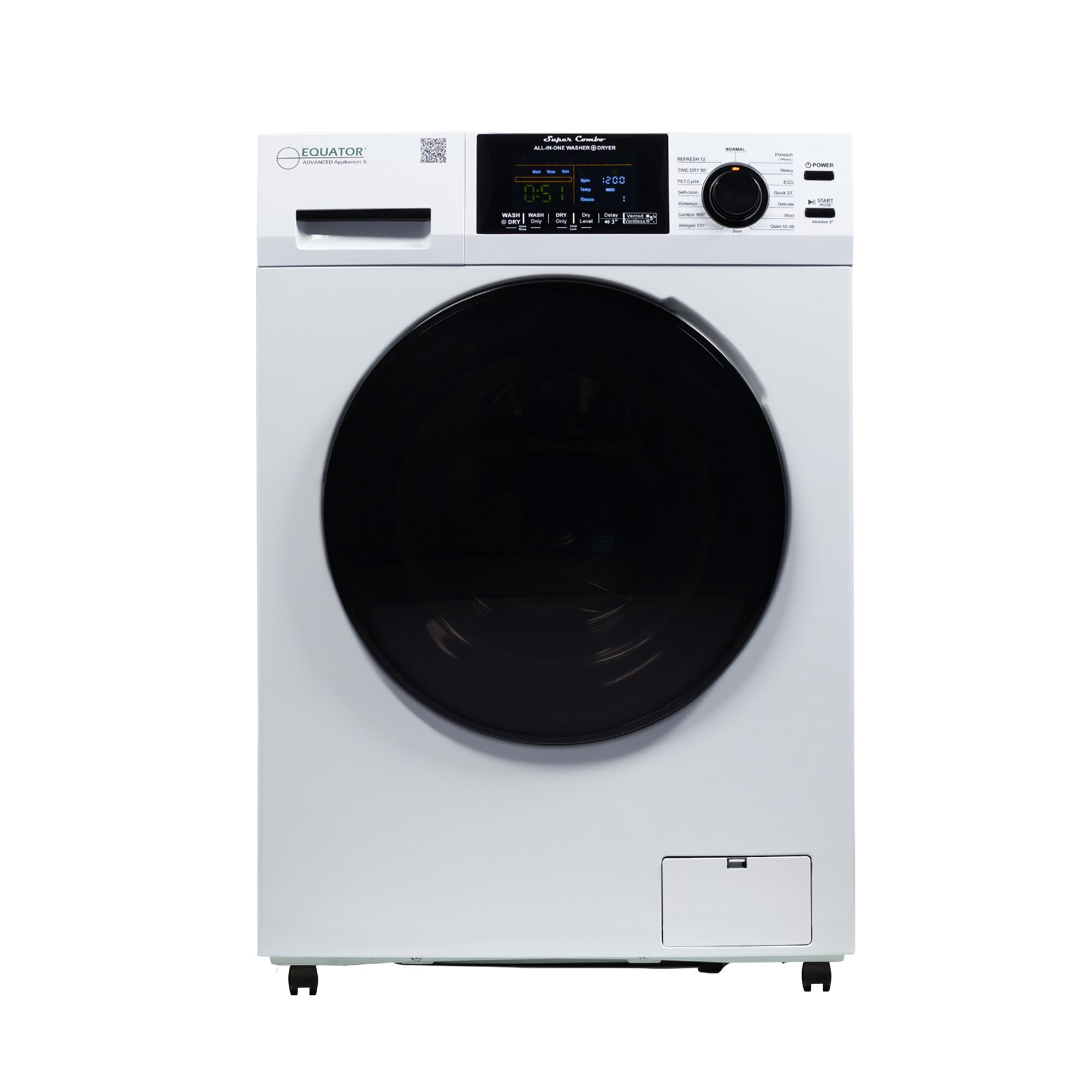 Equator All-in-One Washer Dryer VENTLESS/VENTED PET cycle 1.62cf/15lbs+Portability Kit in White (WHITE)