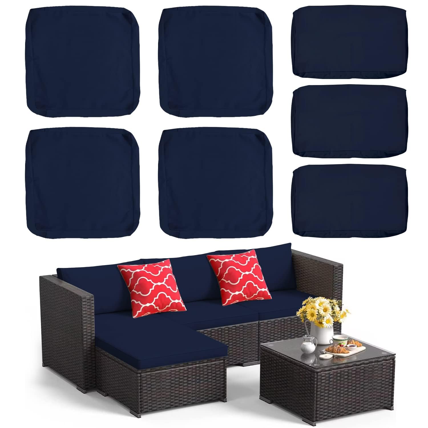 ClawsCover 7Pack Outdoor Patio Seat and Back Cushions Replacement Covers Fit for 3/5 Pieces 4-Seater Wicker Rattan Furniture Conversation Set Sectional Couch,Navy-Small (Include Cover Only)