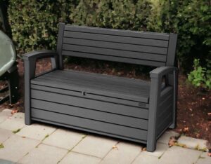 generic hudson stylish and plastic outdoor storage bench, perfect for organizing garden tools and accessories while providing extra 2 seating in graphite gray