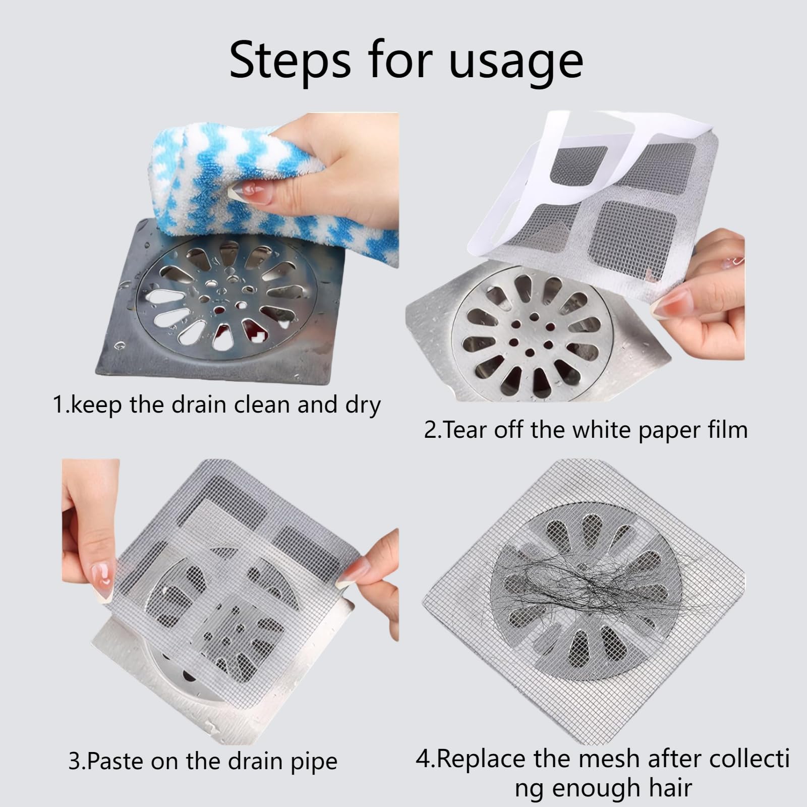 4" X 4"Disposable Floor Drain Sticker Shower Drain Hair Catcher Shower Drain Cover Hair Catcher Mesh Stickers for Bathroom Washbasin Bathtub Kitchen Sink for Human and Pet Hair (30pcs(A))