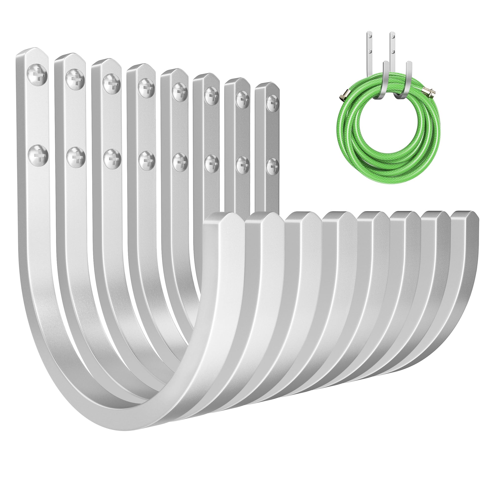 Garden Hose Holder Wall Mount - Heavy-Duty Aluminum Hose Hanger for Outside, Durable Wall-Mounted Hose Holder for Garden & Outdoor Use 8 Hooks, Silver