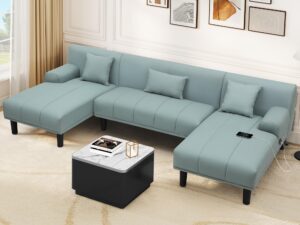 yitahome sectional couches for living room, u shaped sofa faux leather modern modular couch with usb & type c charging ports double chaise and comfy upholstered, blue