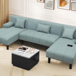 YITAHOME Sectional Couches for Living Room, U Shaped Sofa Faux Leather Modern Modular Couch with USB & Type C Charging Ports Double Chaise and Comfy Upholstered, Blue