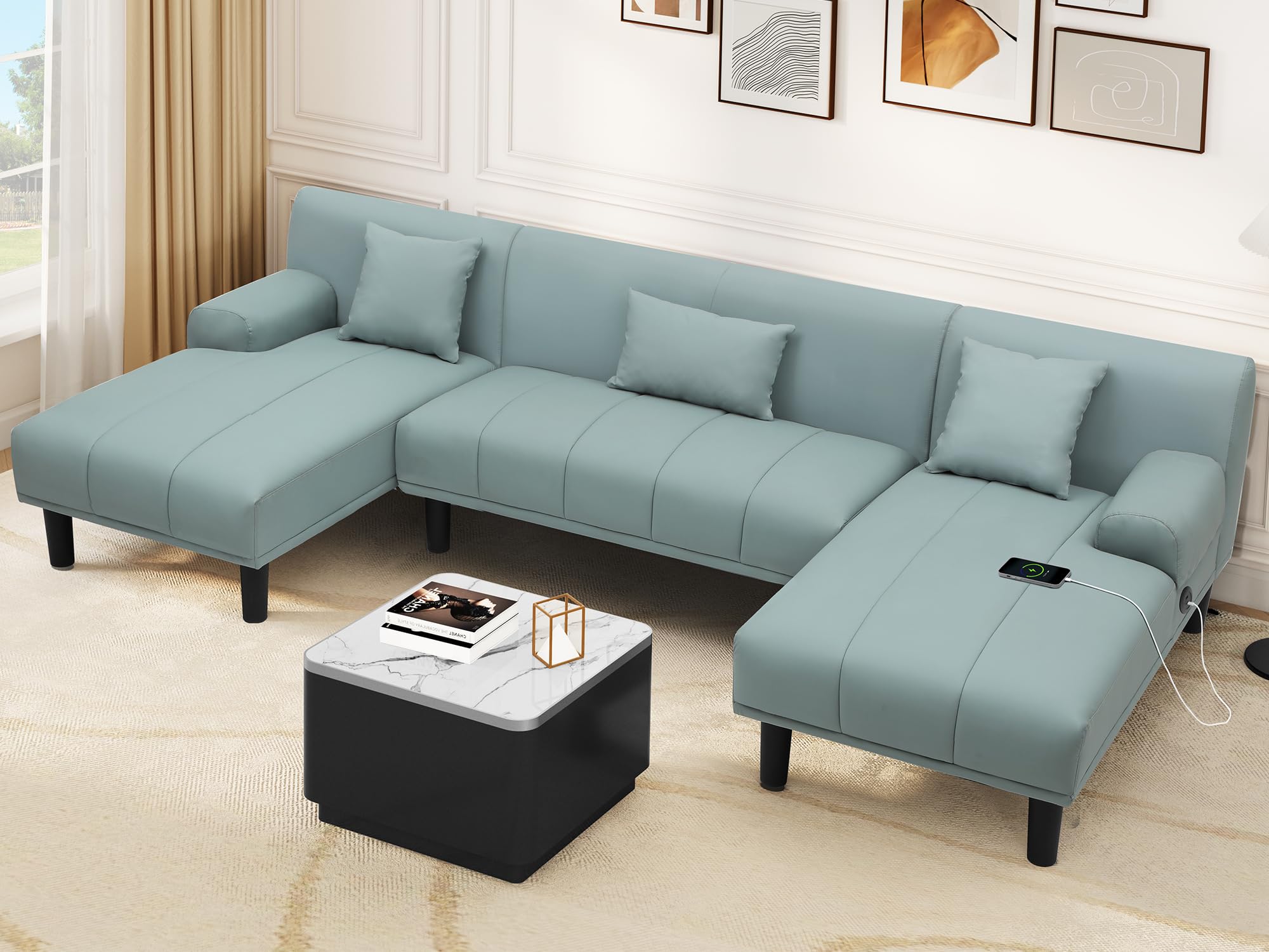 YITAHOME Sectional Couches for Living Room, U Shaped Sofa Faux Leather Modern Modular Couch with USB & Type C Charging Ports Double Chaise and Comfy Upholstered, Blue